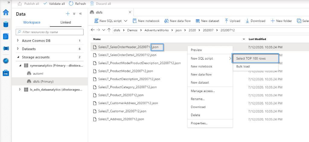 No code Experience For Querying JSON Files In Azure Synapse Analytics Serverless